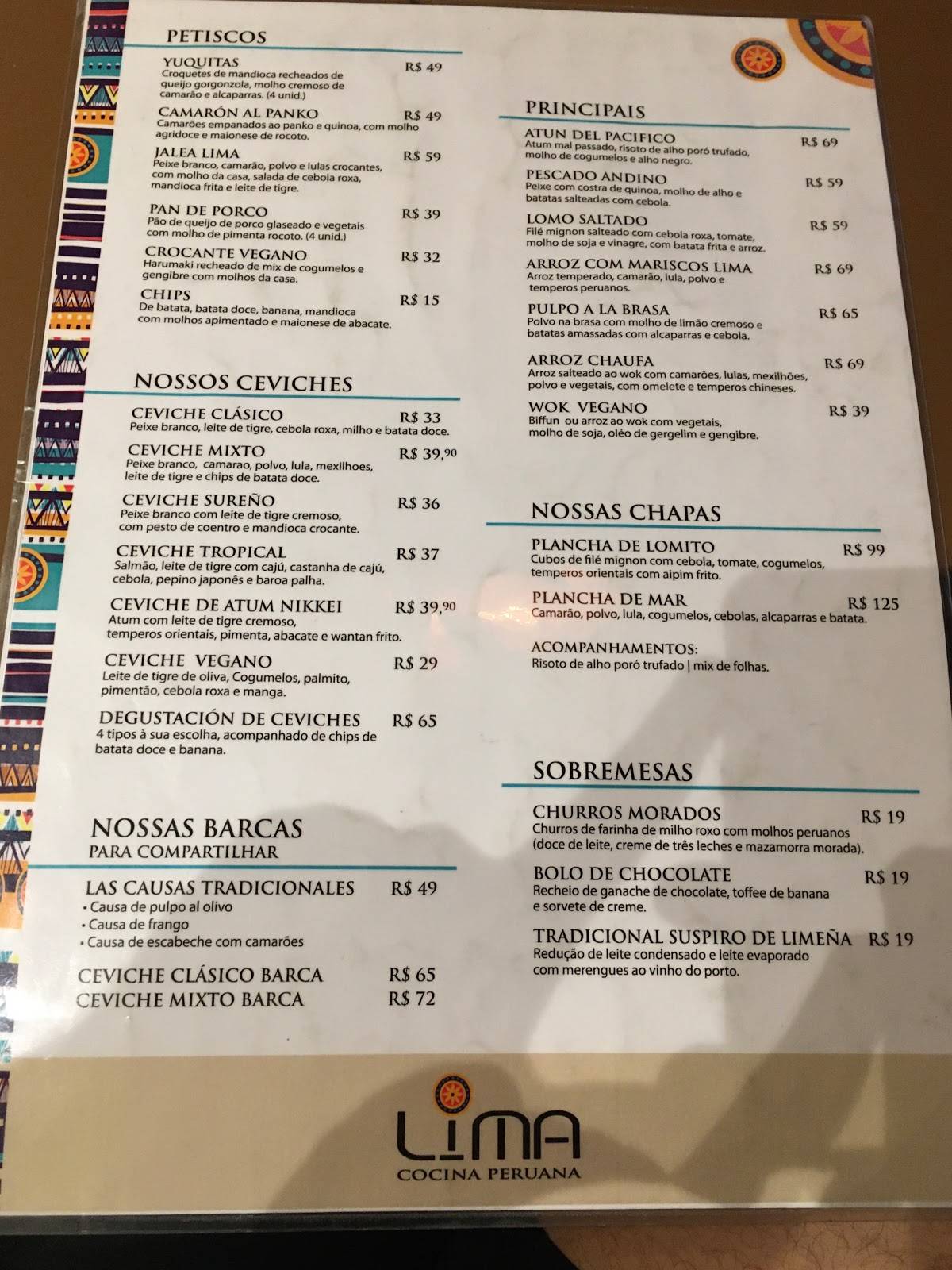 Menu em Lima Cocina Peruana restaurante, Niterói