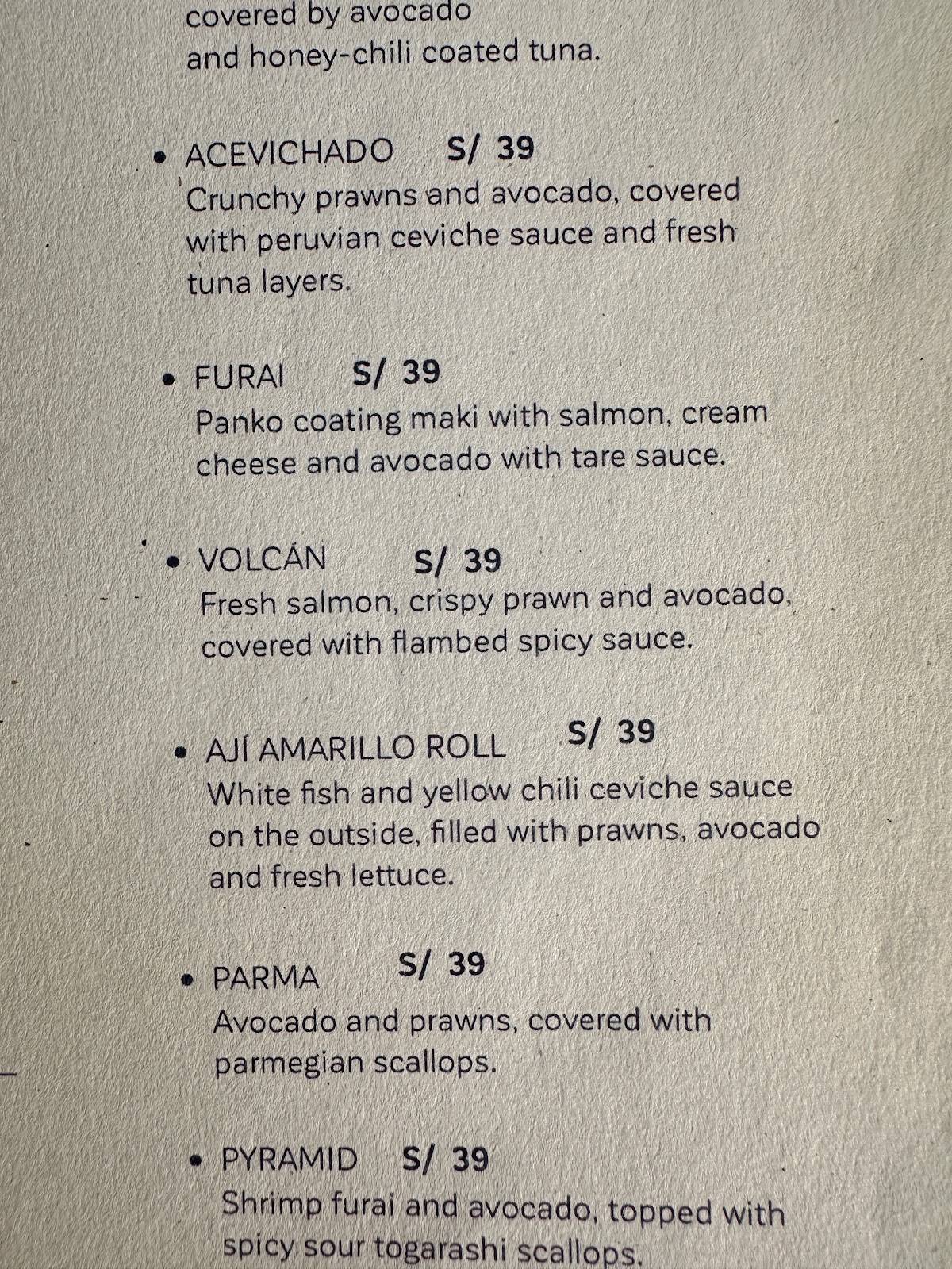 Menu at Limo restaurant, Cusco