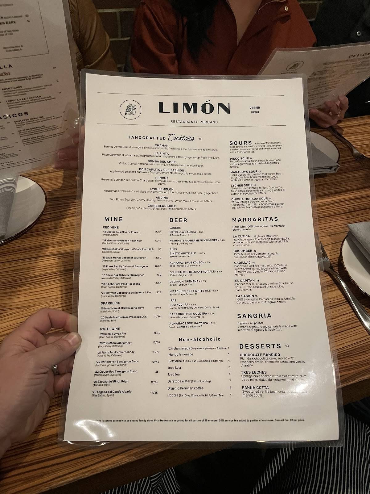 Menu at Limón restaurant, San Francisco, S Van Ness Ave