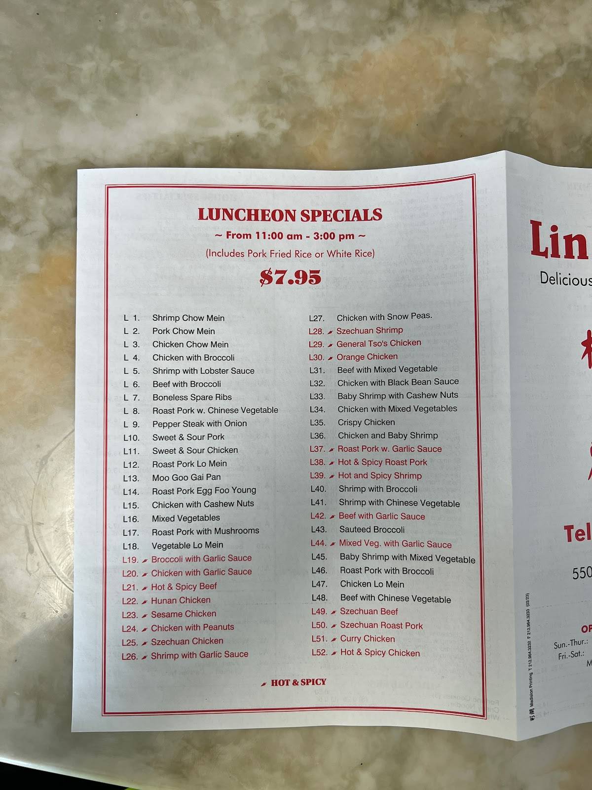 Menu at Lin Li Chinese Restaurant, Brewerton