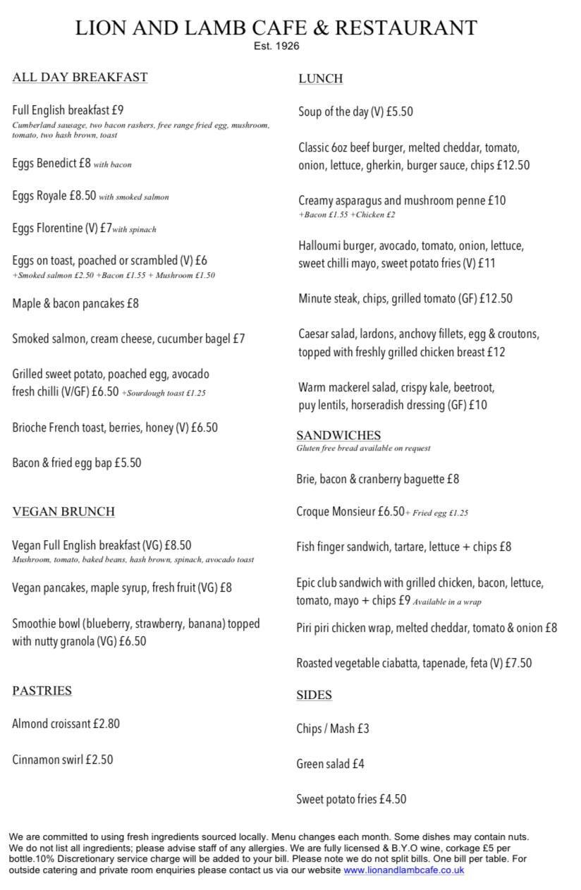 Menu at Lion and Lamb restaurant, Farnham