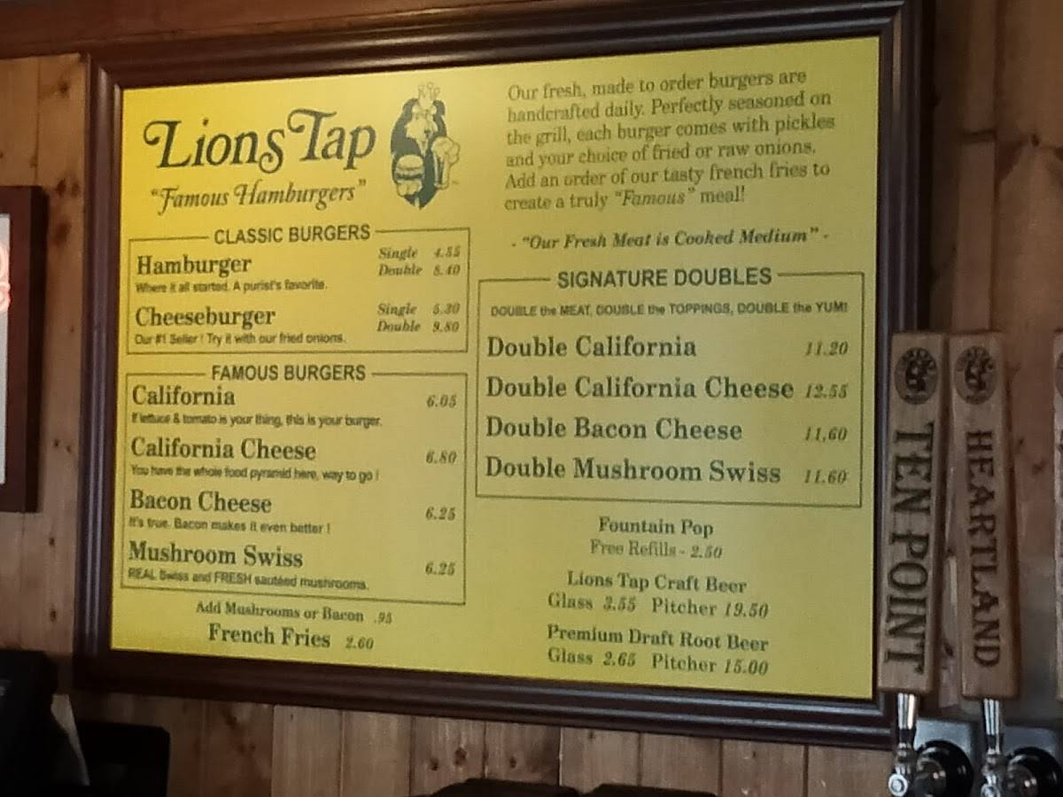 Menu at Lions Tap restaurant, Eden Prairie