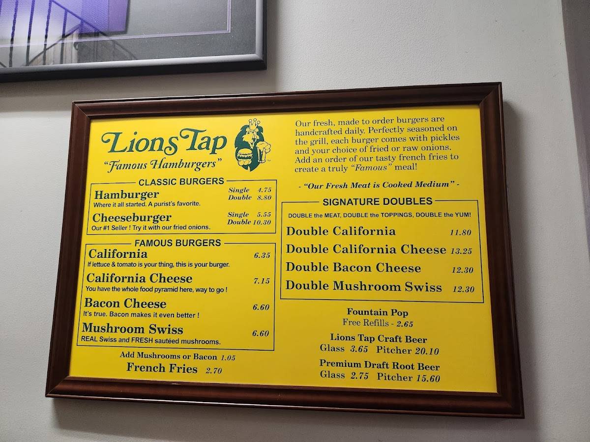 Menu at Lions Tap restaurant, Eden Prairie