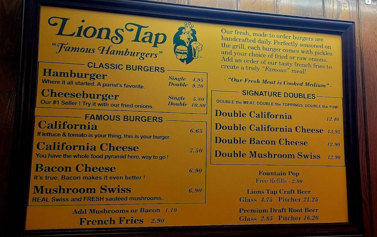 Menu at Lions Tap restaurant, Eden Prairie