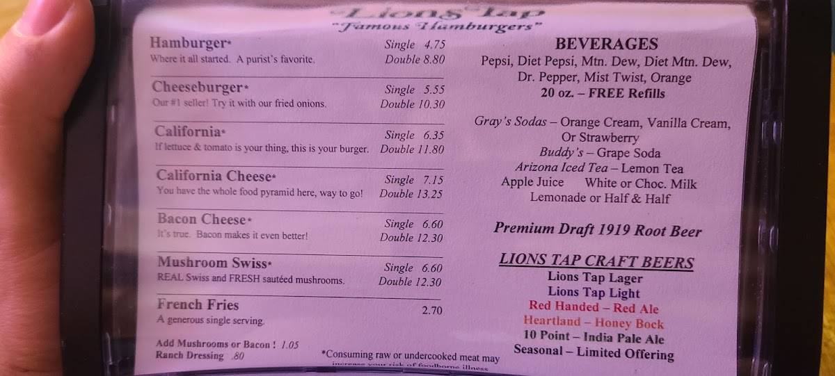 Menu at Lions Tap restaurant, Eden Prairie