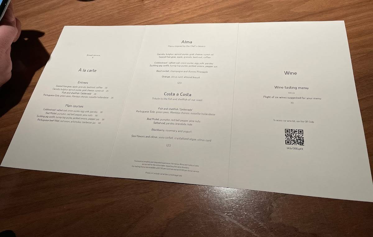 Menu at Alma restaurant, Lisbon, R. Anchieta 15