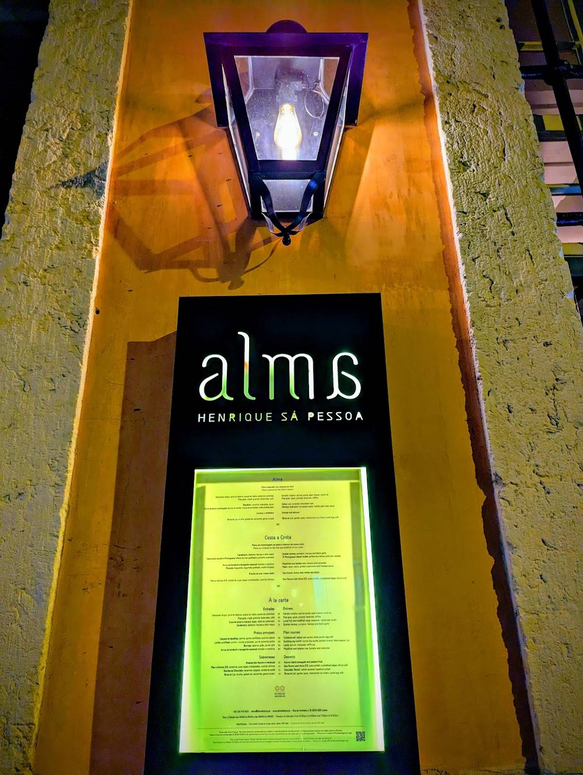 Menu at Alma restaurant, Lisbon, R. Anchieta 15
