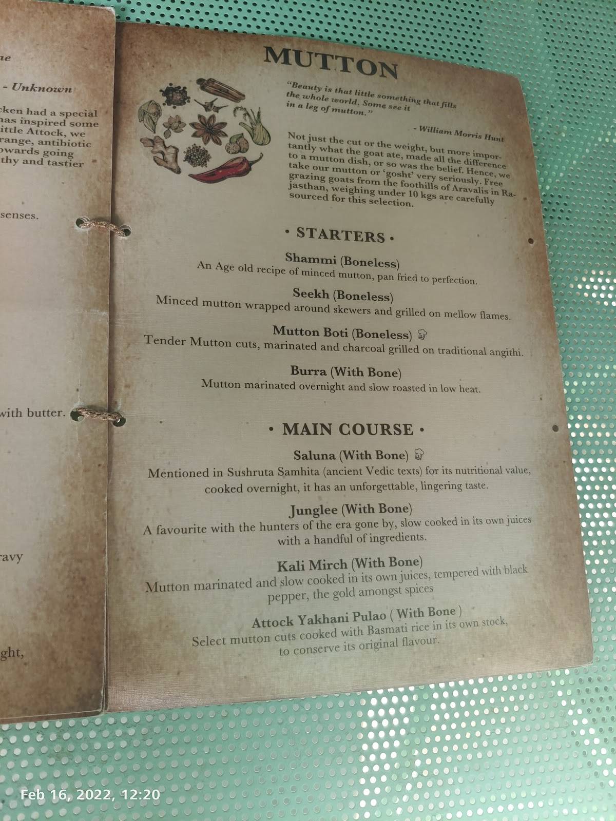 Menu at Little Attock, New Delhi
