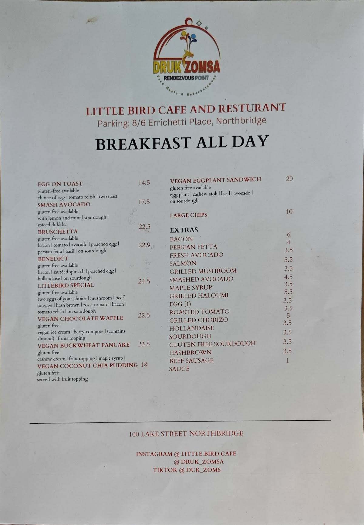 Menu at Little Bird Cafe and restaurant, Northbridge