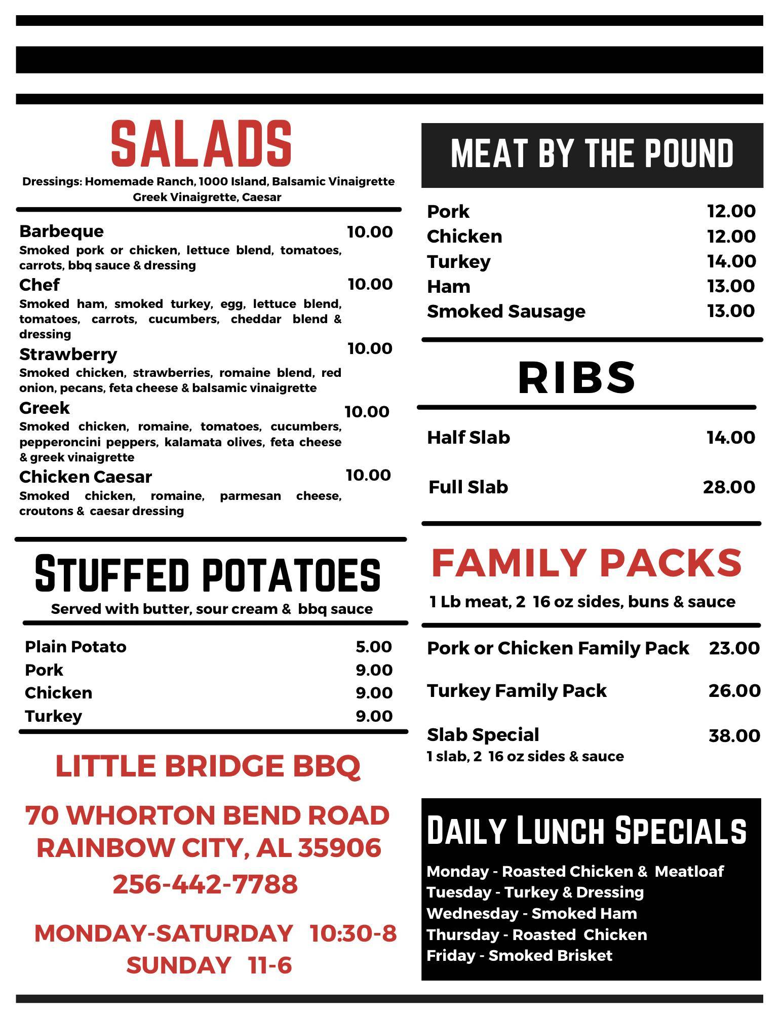 Menu at Little Bridge Marina LLC BBQ, Rainbow City