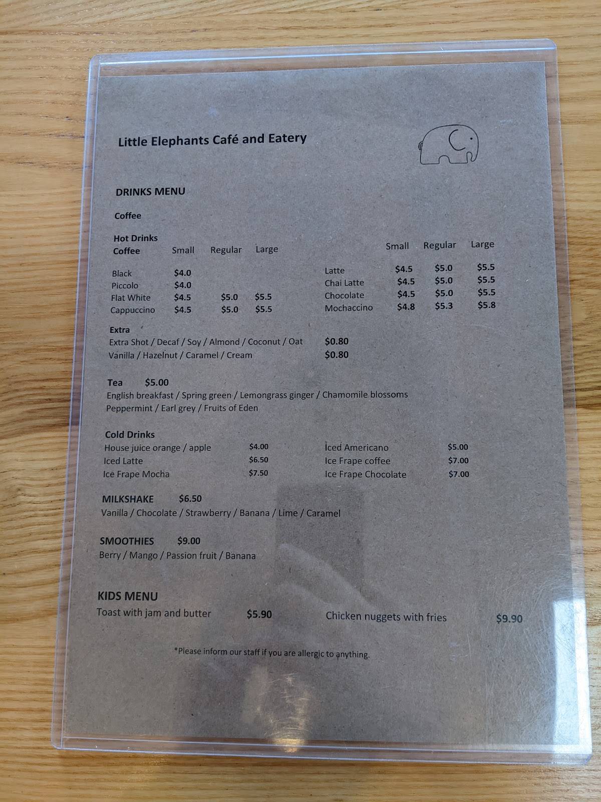 Menu at Little Elephants Cafe and Eatery, Auckland
