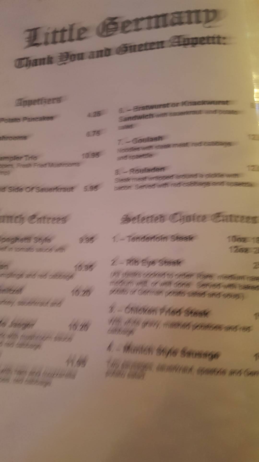 Menu at Little Germany restaurant, Fort Worth, Camp Bowie Blvd