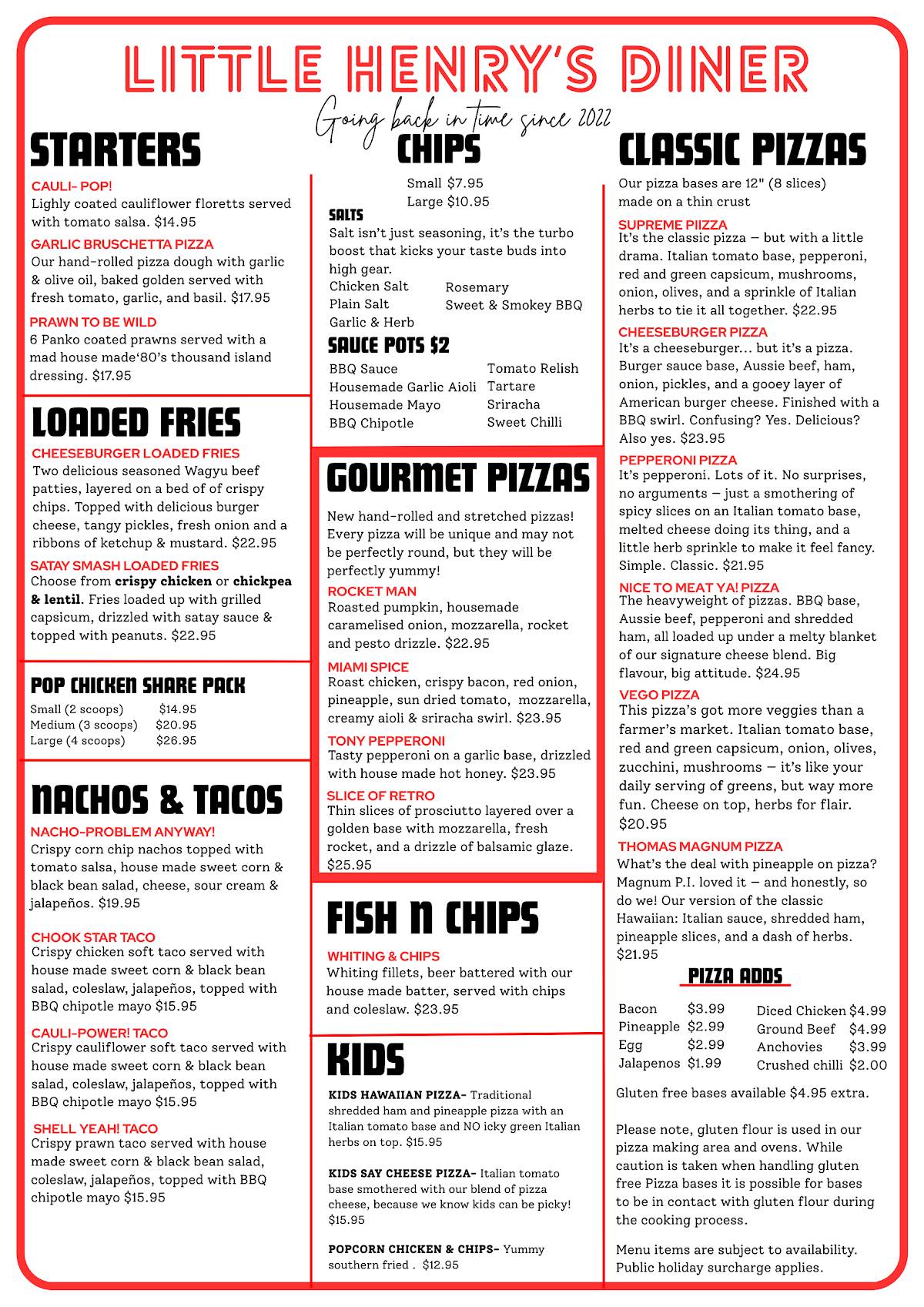 Menu at Little Henry's Diner pizzeria, Bridgetown