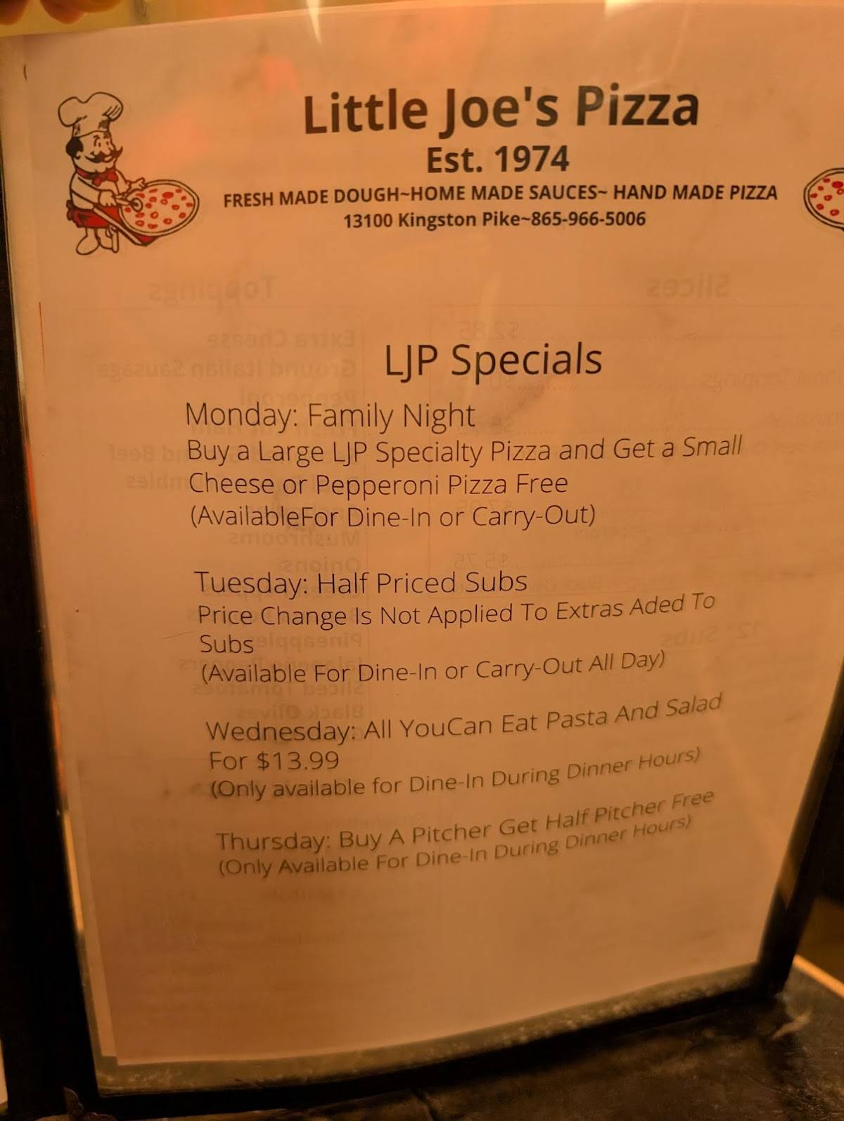 Menu at Little Joe's Pizza pizzeria, Knoxville