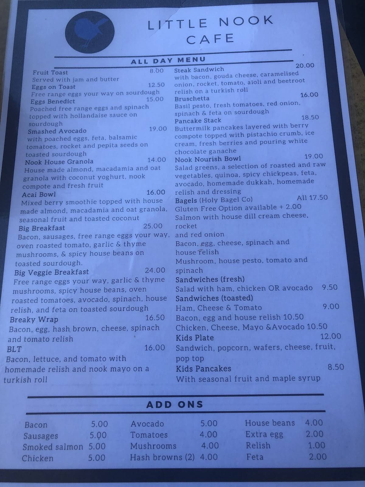 Menu at Little Nook Cafe, Darlington