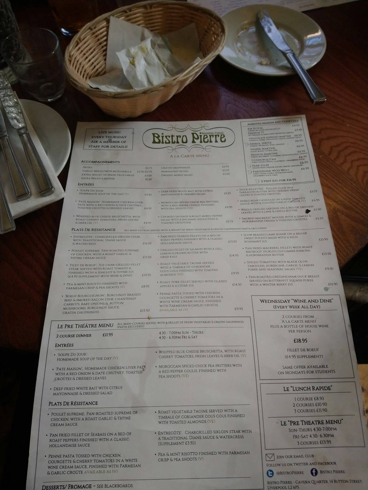Menu at Bistro Pierre restaurant, Liverpool, 14 Button St