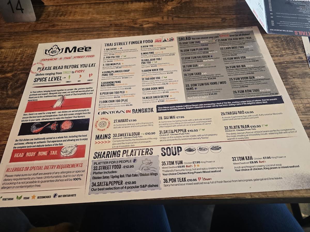Menu at Mee Japanese & Thai Street Food restaurant, Liverpool