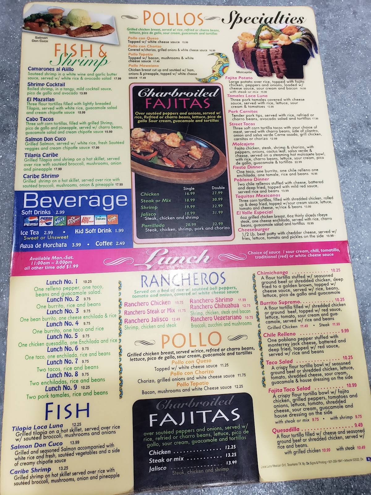 Menu at Loca Luna Mexican Grill restaurant, Wake Village
