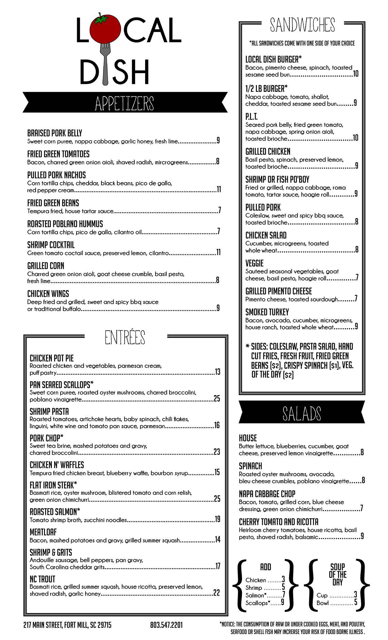 Menu at Local Dish restaurant, Fort Mill
