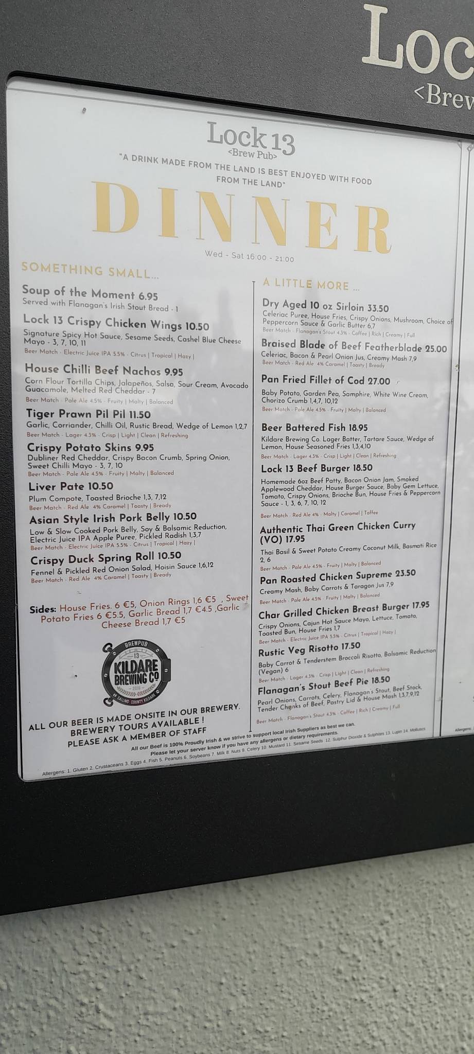 Menu at Lock 13 Brewpub, Sallins