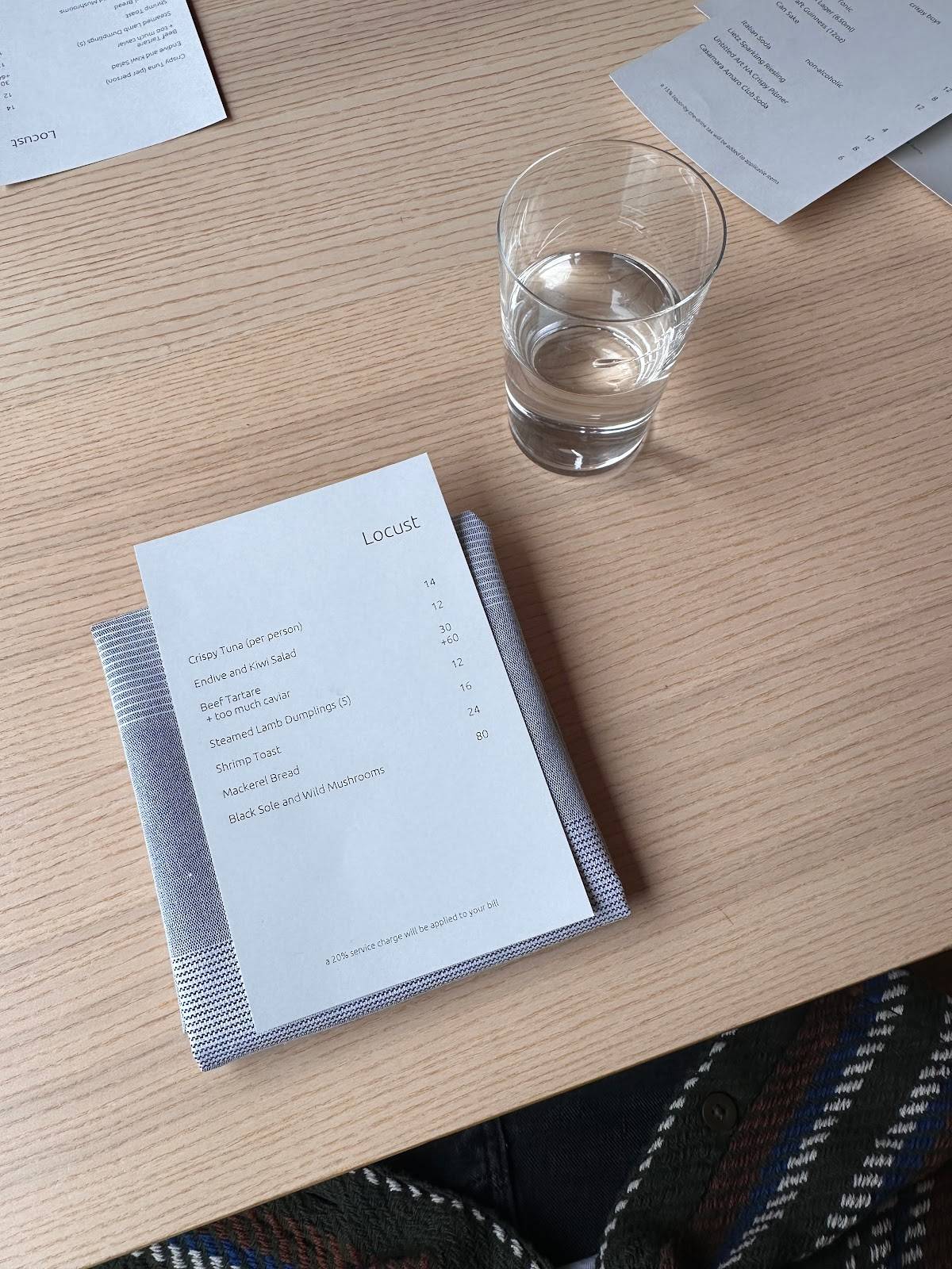 Menu at Locust restaurant, Nashville