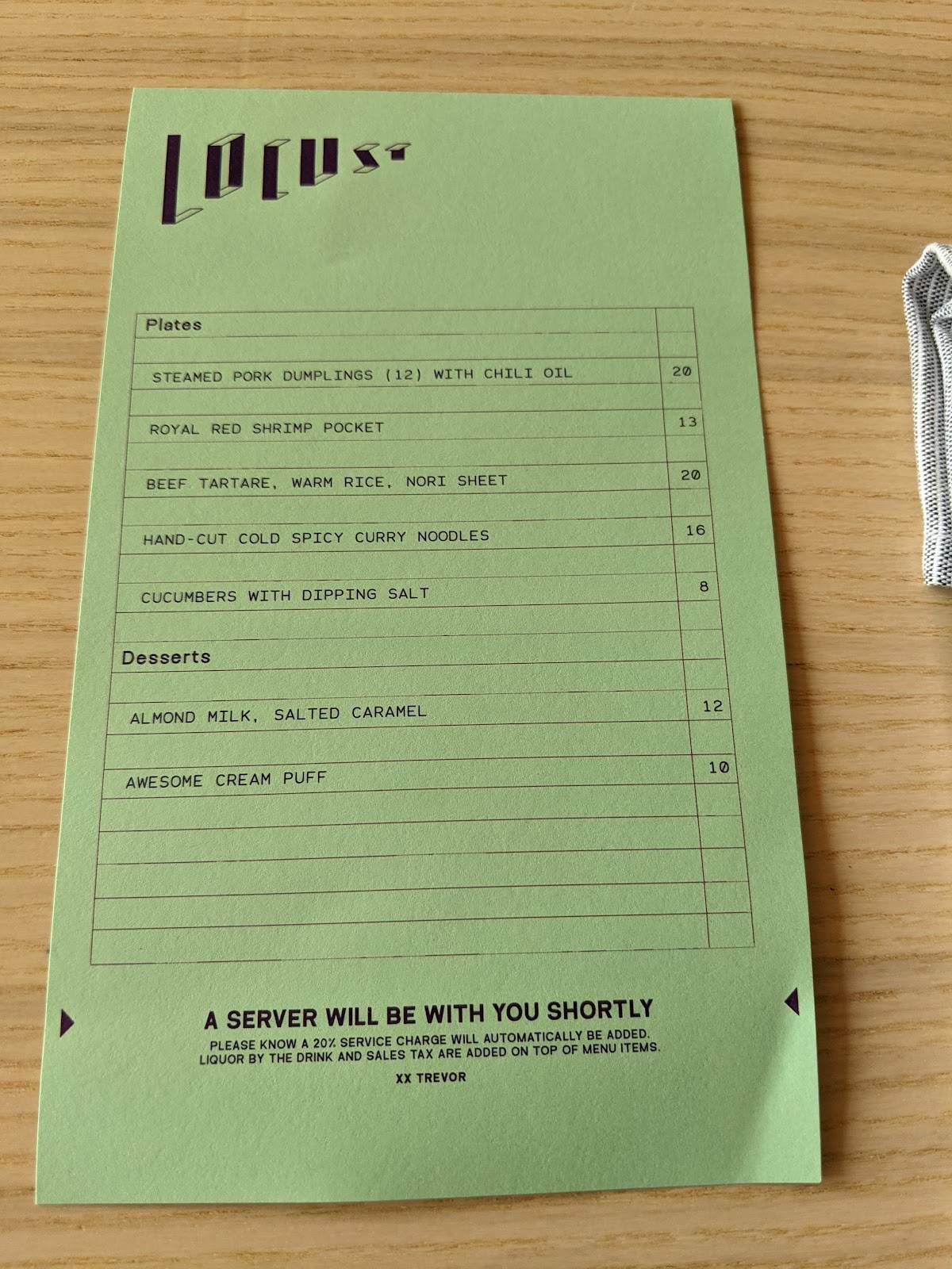 Menu at Locust restaurant, Nashville