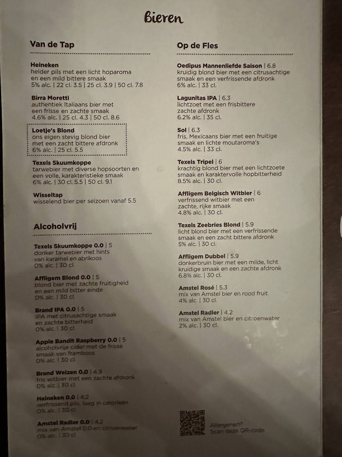 Menu at Loetje Oost / Amsterdam Restaurant, Amsterdam, Ruyschstraat 15