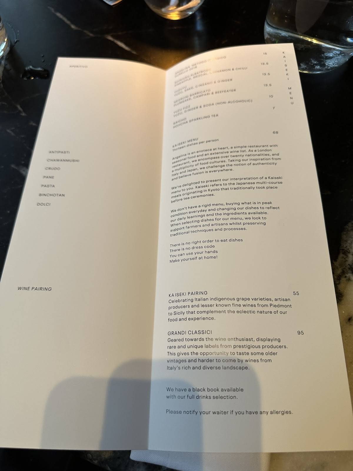 Menu at Angelina restaurant, London