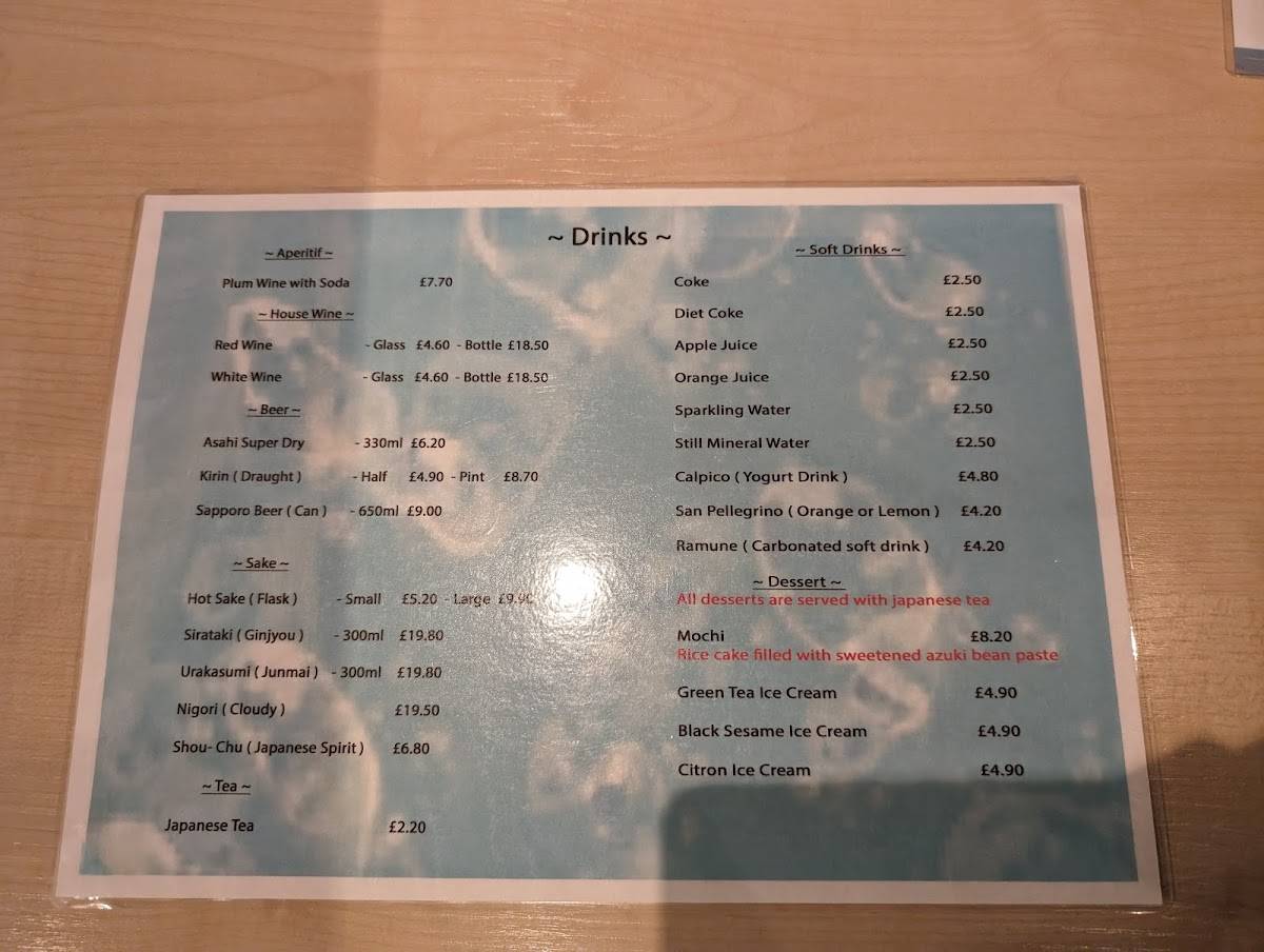 Menu at Hanako restaurant, Watford