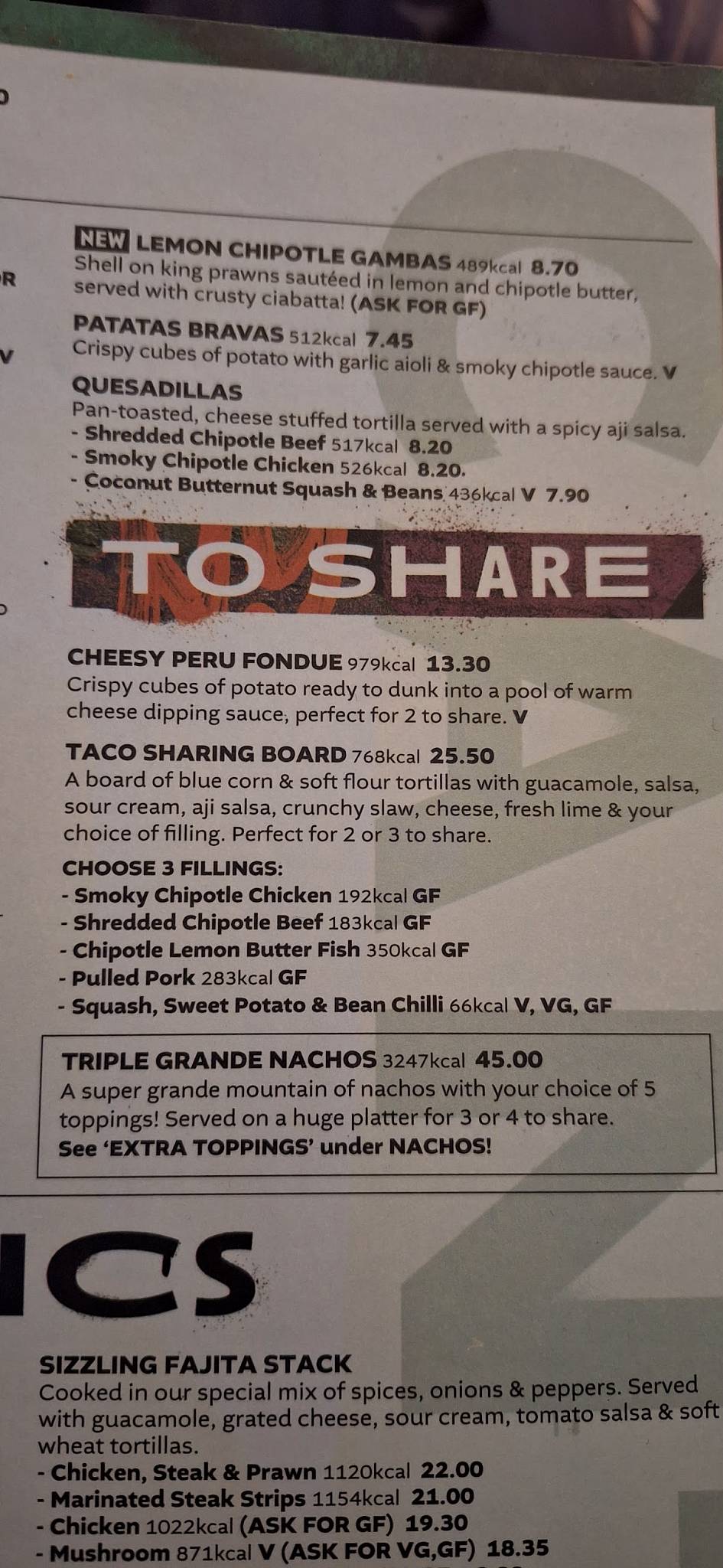 Menu at Las Iguanas pub & bar, London, Festival Terrace