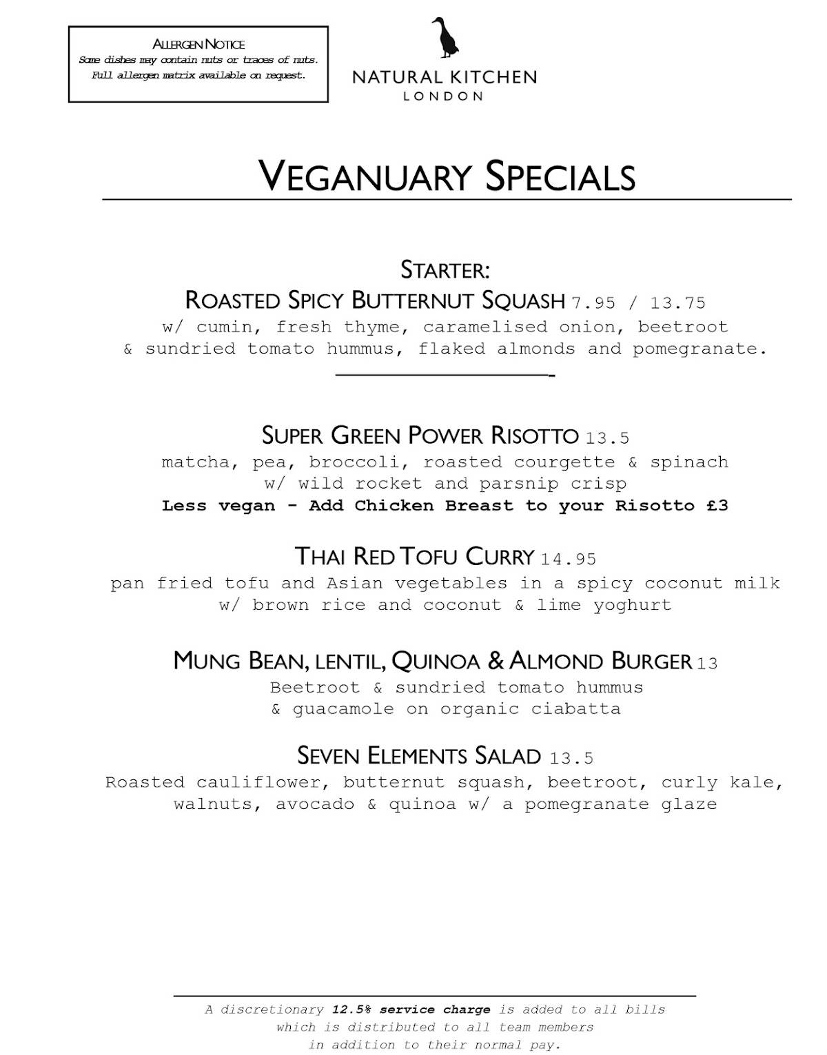 Menu at Natural Kitchen restaurant, London, 15-17 Nevill Ln