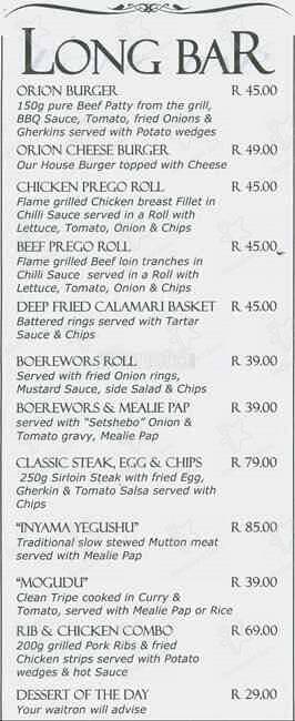 Menu at Long Bar, Johannesburg