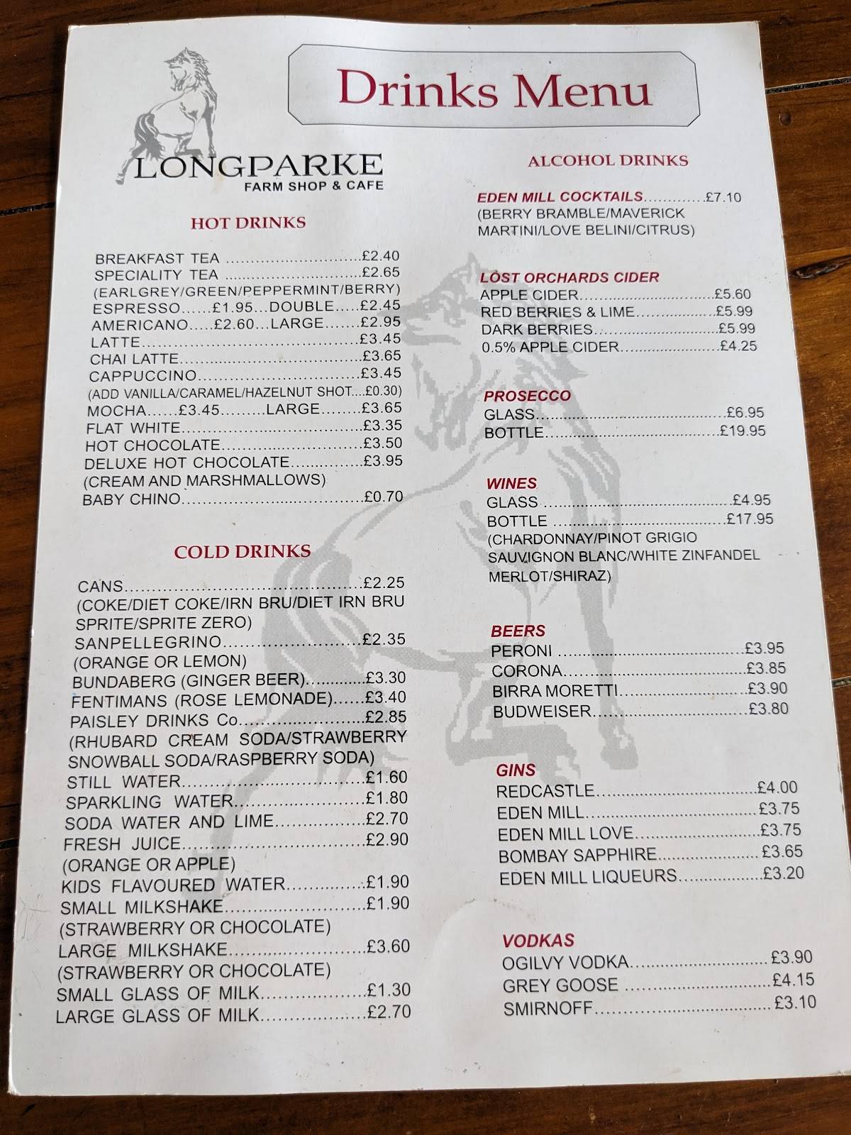 Menu at Longparke Farmshop & Café coffee house, Dundee