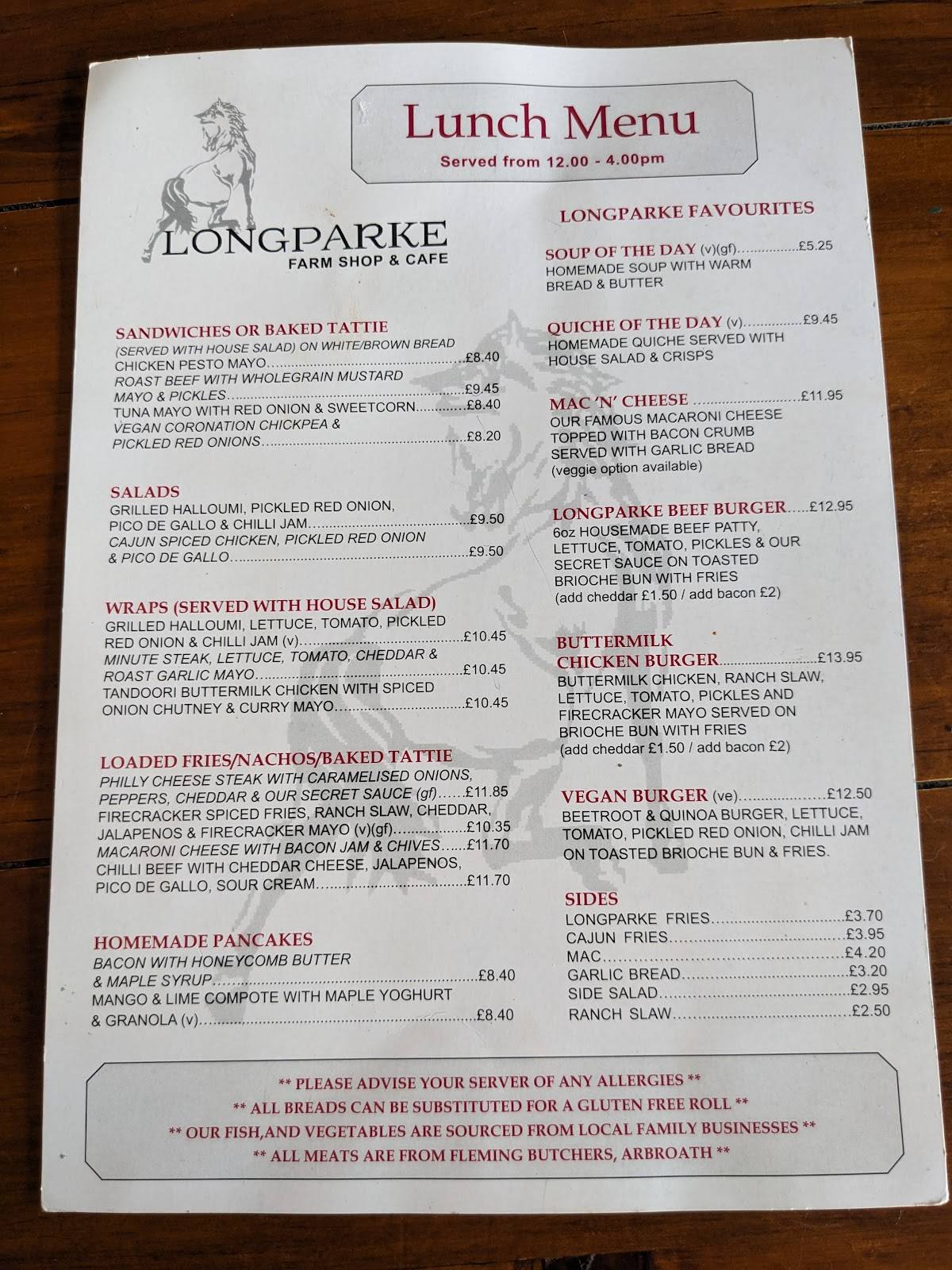Menu at Longparke Farmshop & Café coffee house, Dundee