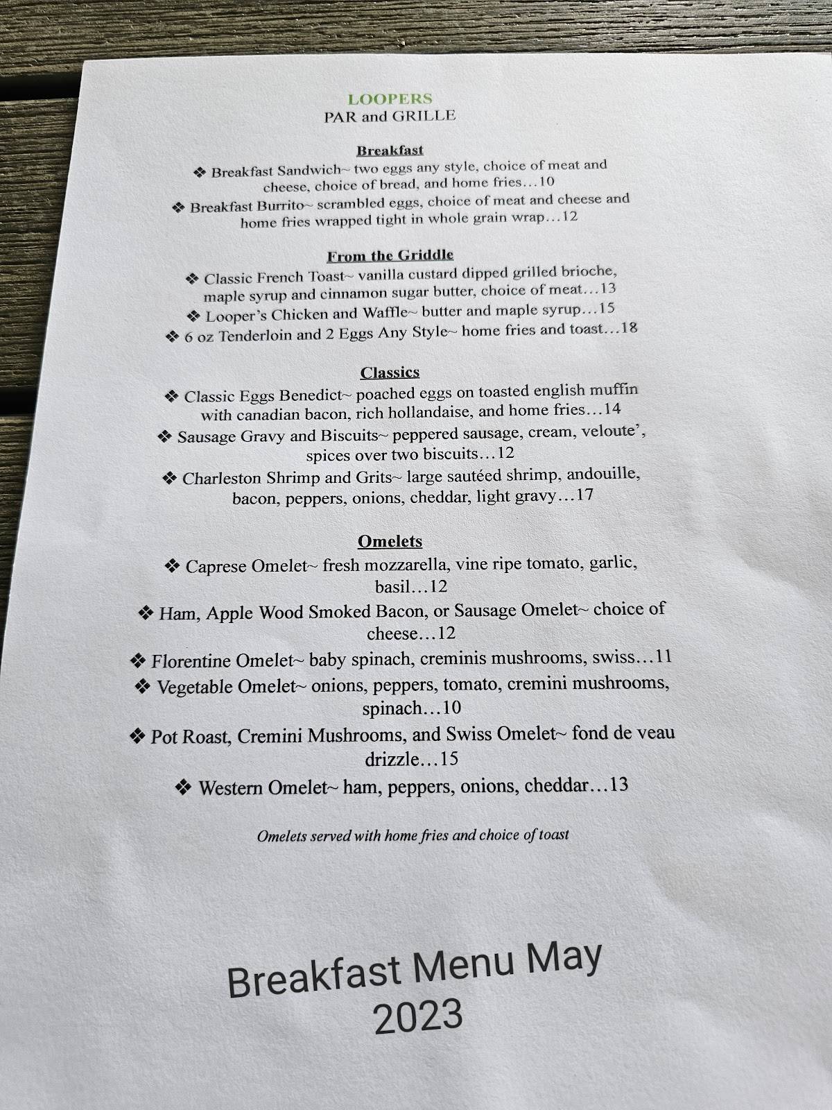 Menu at Loopers Par & Grille restaurant, Palm Coast