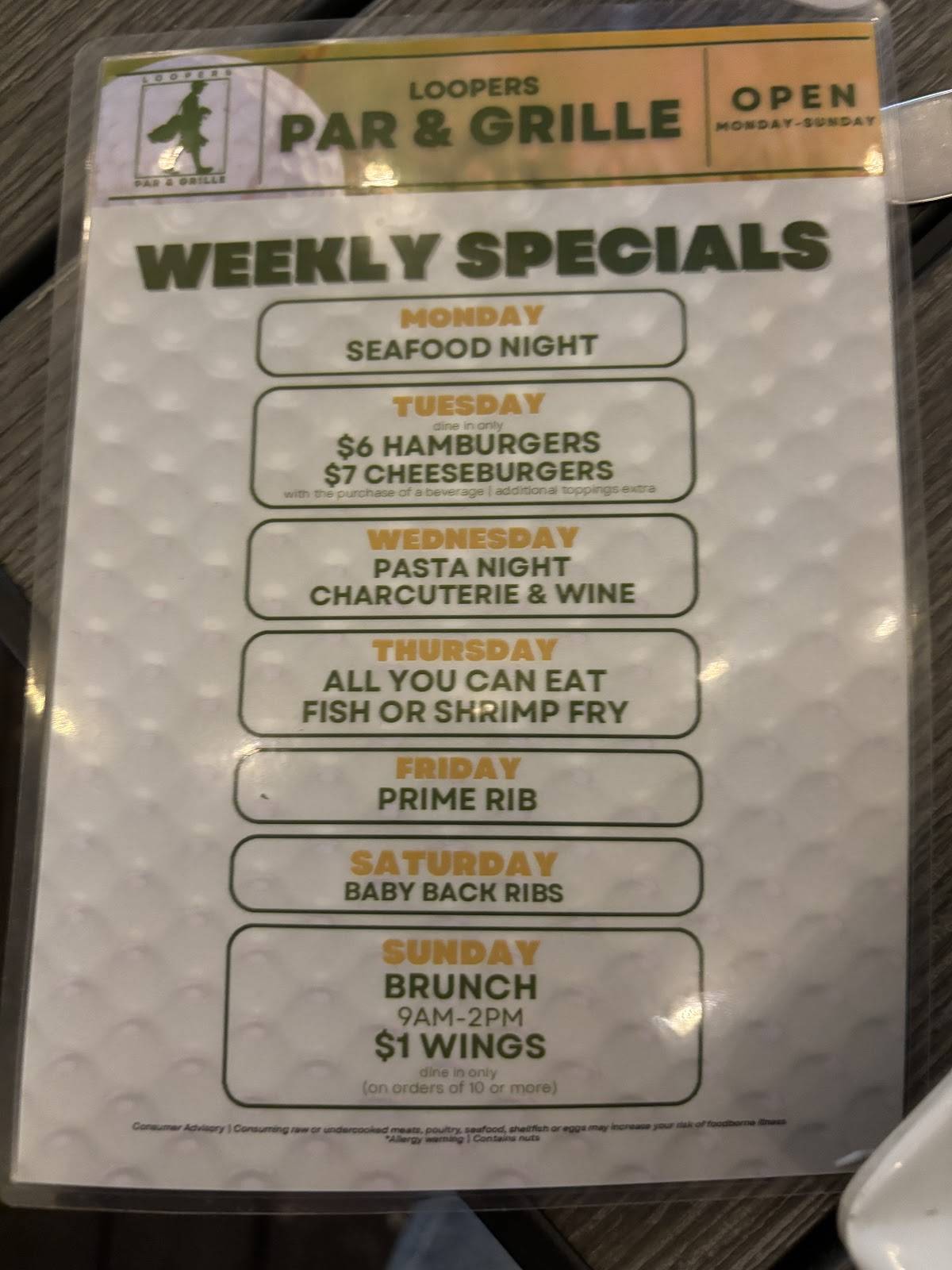 Menu at Loopers Par & Grille pub & bar, Palm Coast