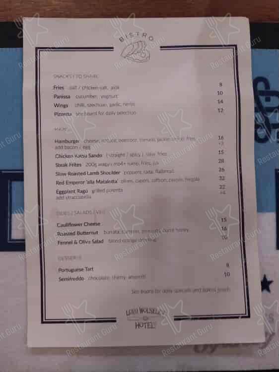 Menu at Lord Wolseley Hotel pub & bar, Ultimo