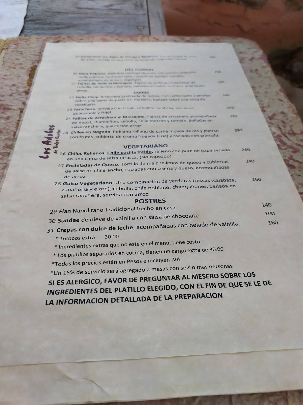 Carta del restaurante Los Adobes De Todos Santos, Todos Santos