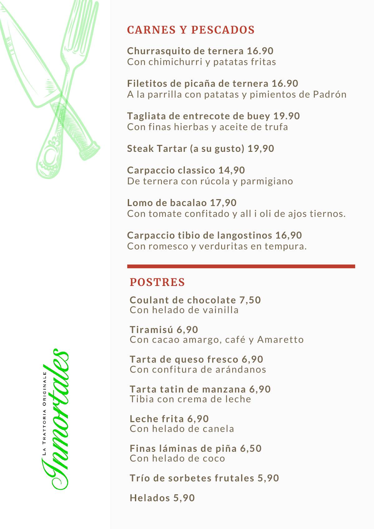 Carta del restaurante Los Inmortales. La trattoria originale, Barcelona ...
