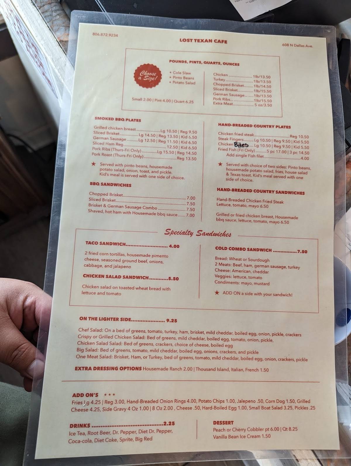 Menu at Lost Texan Cafe, Lamesa, 608 N Dallas Ave