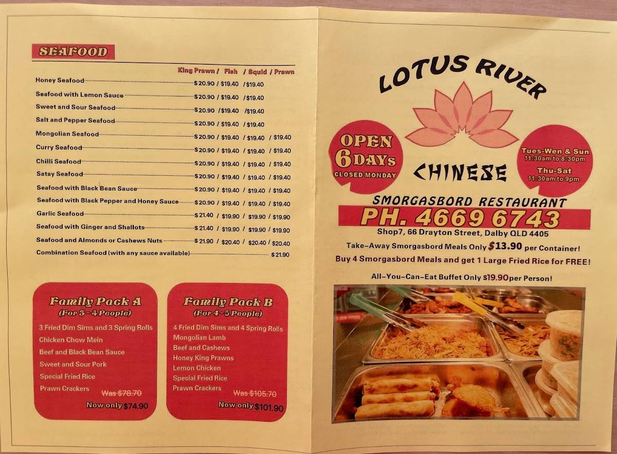 Menu at Lotus River Chinese Smorgasbord Take Away restaurant, Dalby