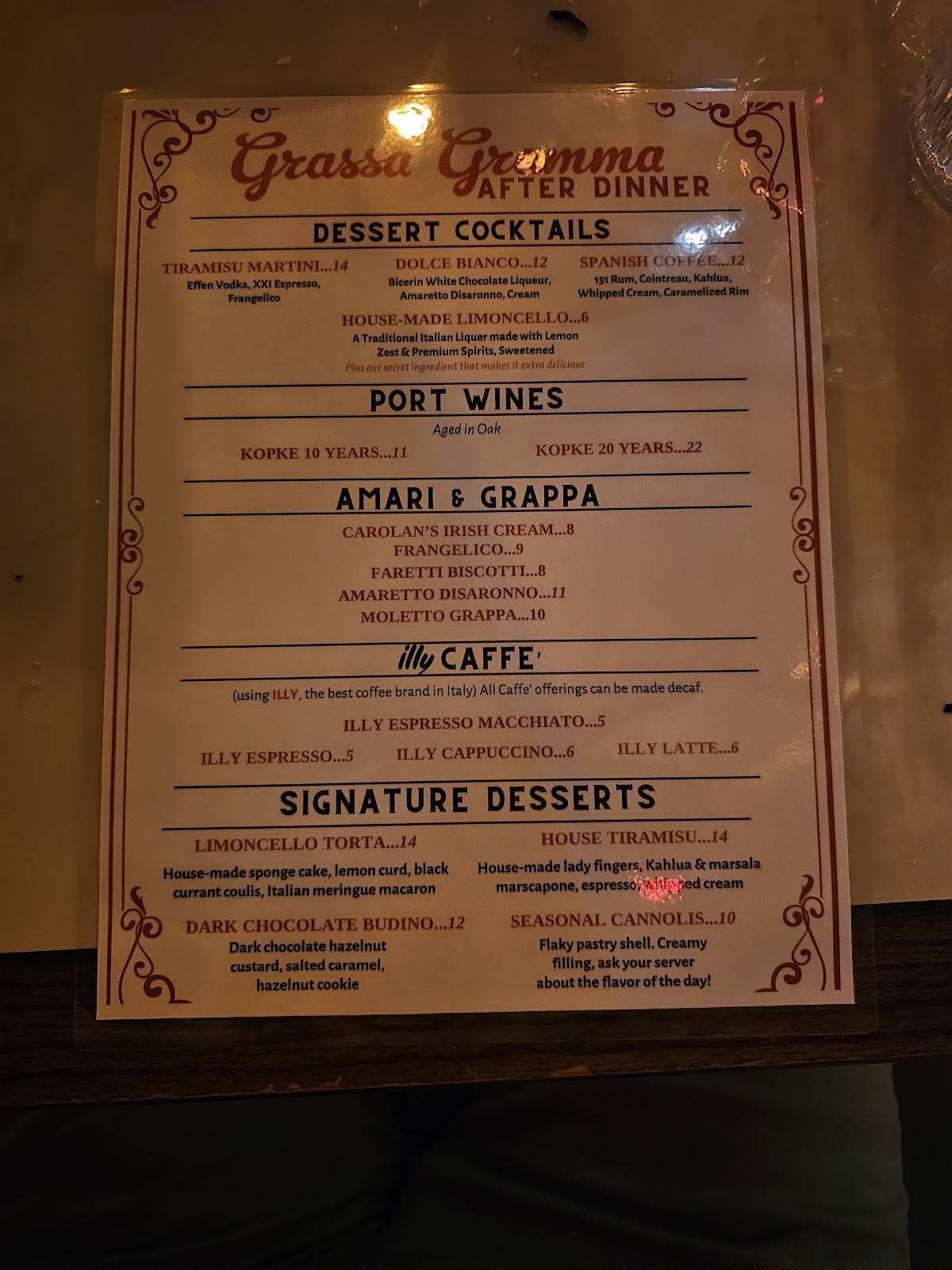 Menu at Grassa Gramma restaurant, Louisville