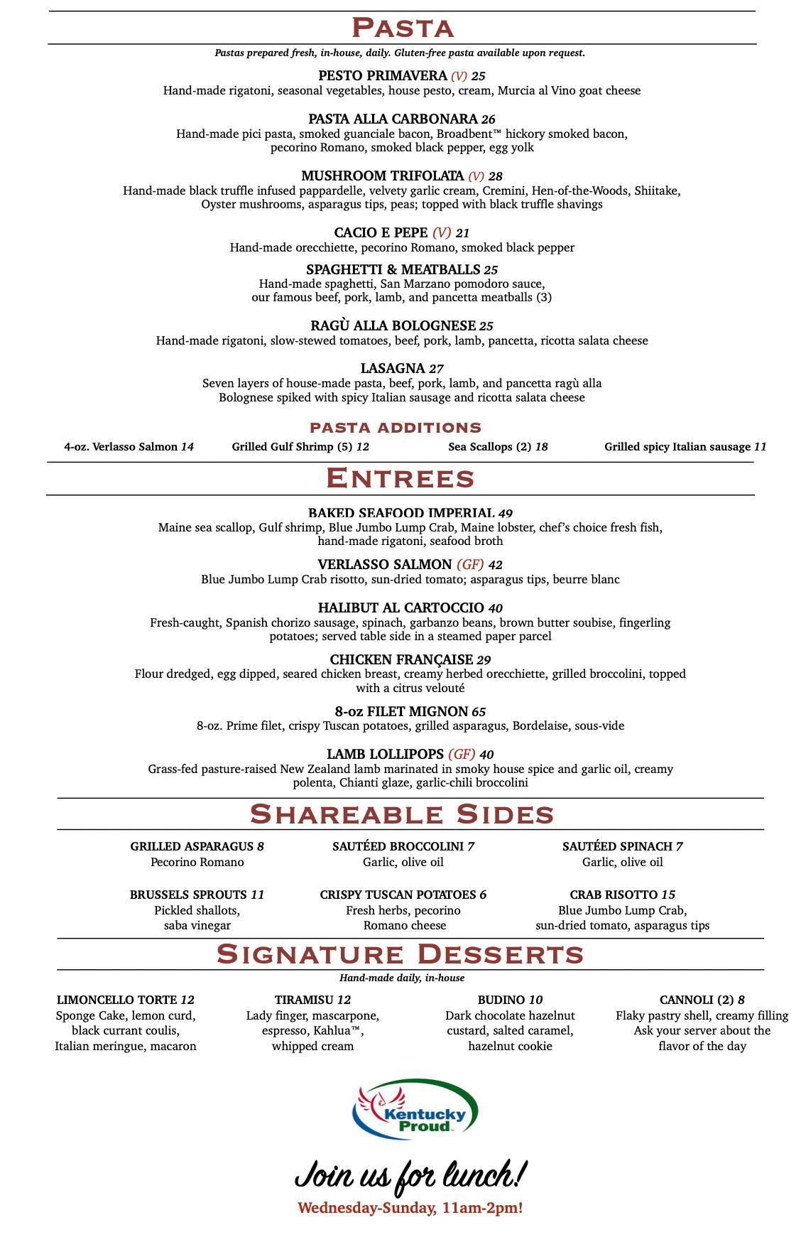 Menu at Grassa Gramma restaurant, Louisville