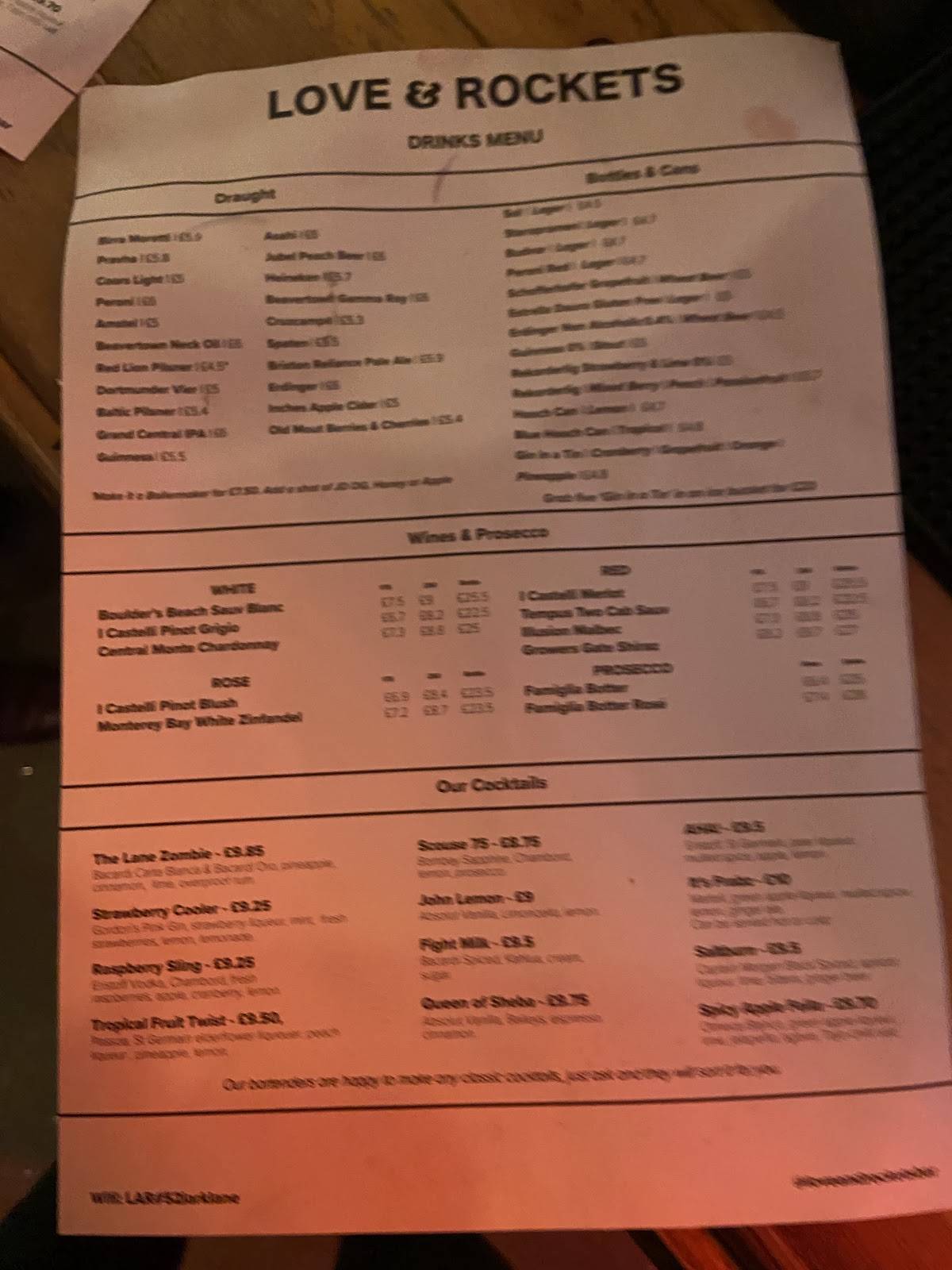 Menu at Love & Rockets pub & bar, Liverpool