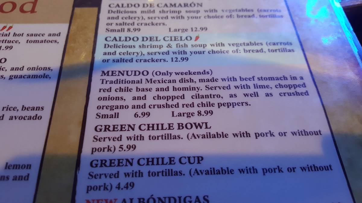 Menu at El Cielo restaurant, Loveland