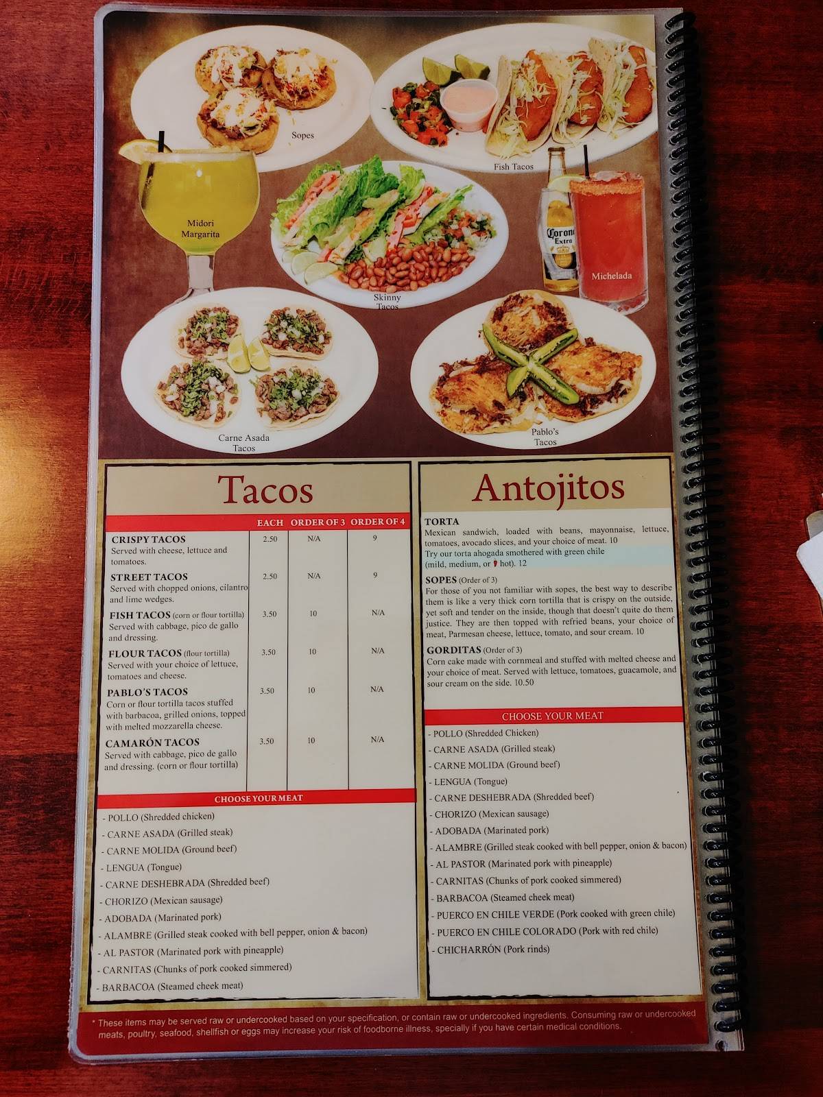 Menu at El Cielo restaurant, Loveland