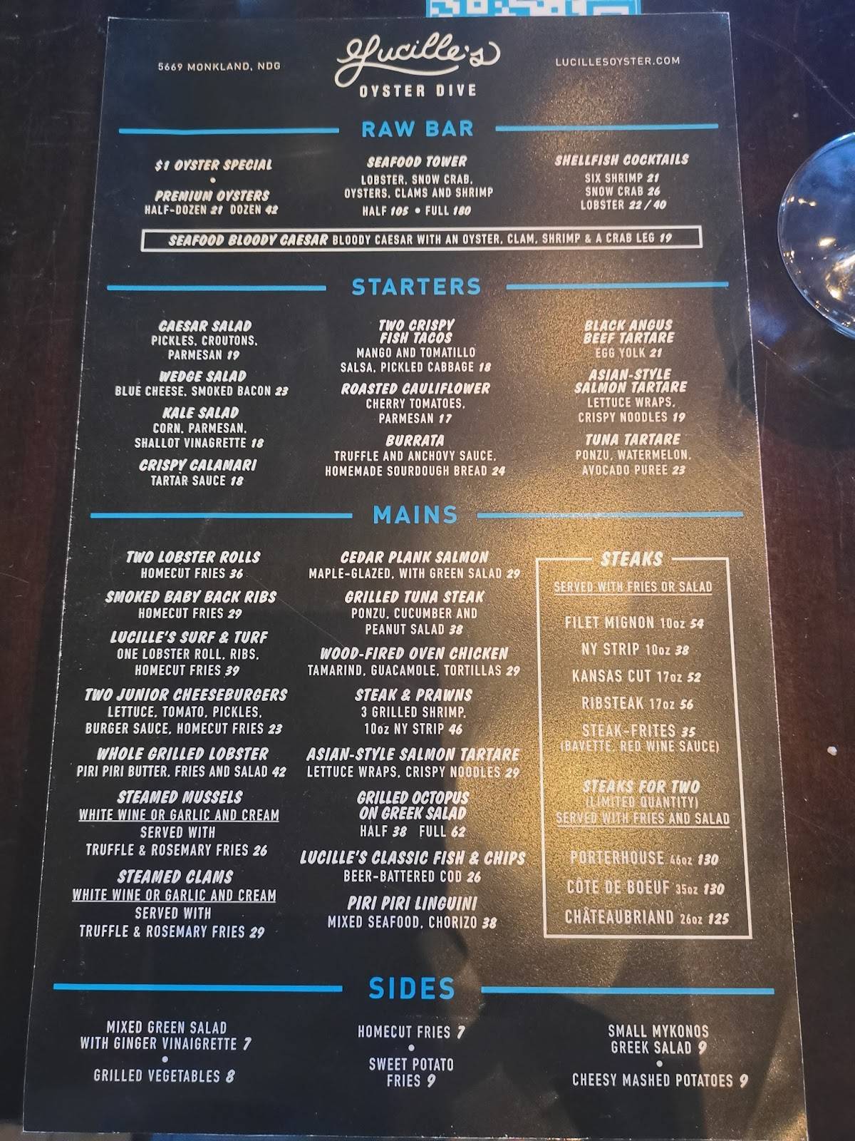 Menu au Lucille's Oyster Dive pub et bar, Montréal