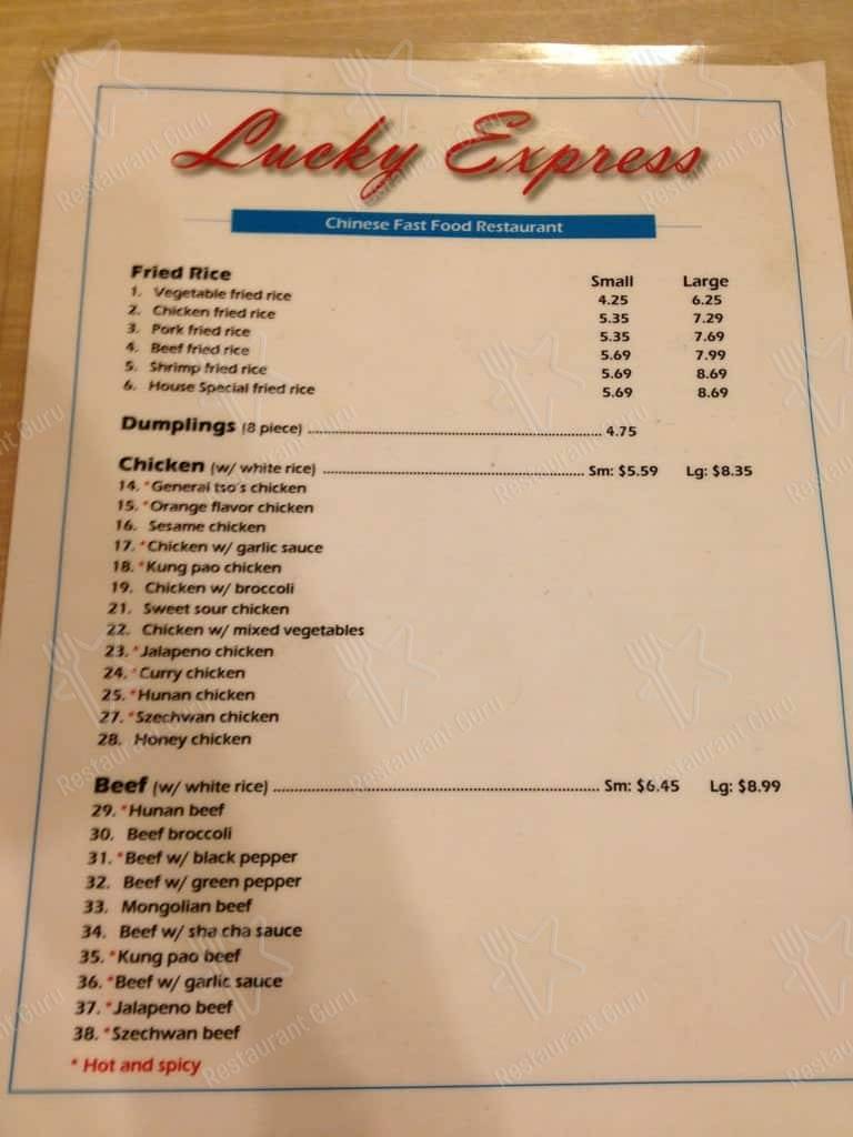 Menu at Lucky Express Lian restaurant, Bloomington