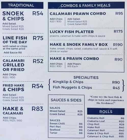 Menu at Lucky Fish & Chips restaurant, Cape Town, 77 Regent Rd