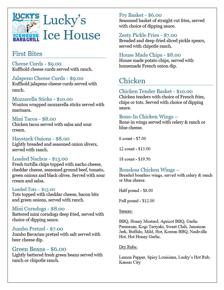 Menu at Lucky's Ice House pub & bar, Milwaukee